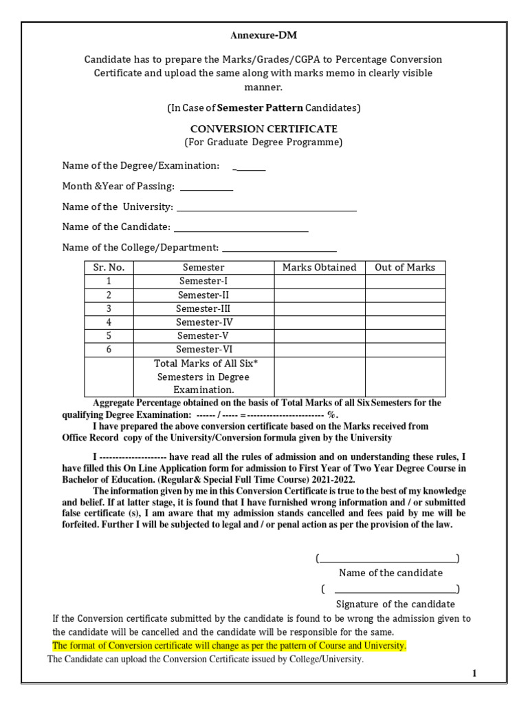 Conversion Certificate Guidelines for Admission | PDF