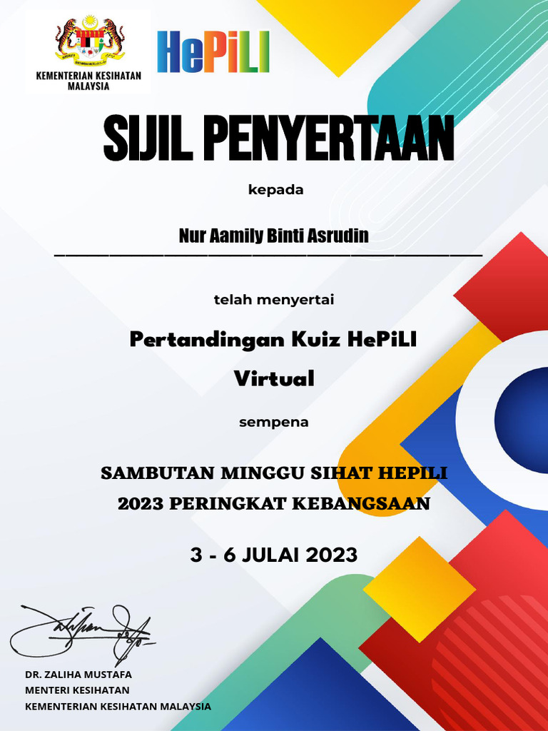 Sijil Penyertaan Pertandingan Kuiz Hepili Virtual 2023 | PDF