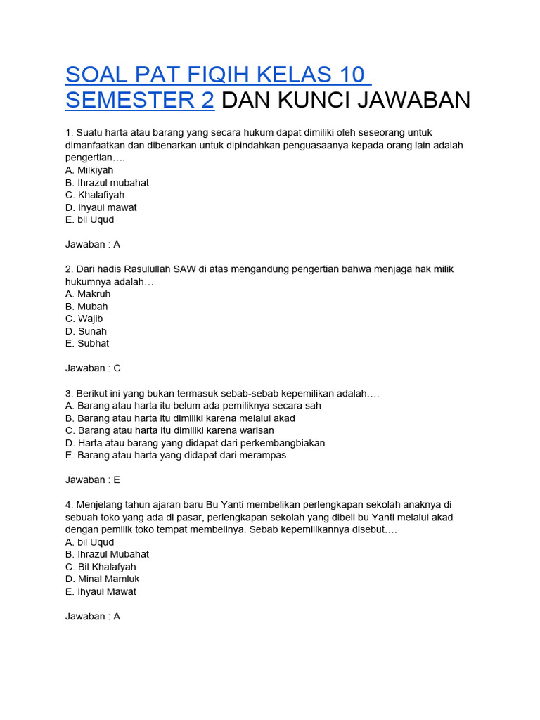 Soal Pat Fiqih Kelas 10 Semester 2 Dan Kunci Jawaban | PDF