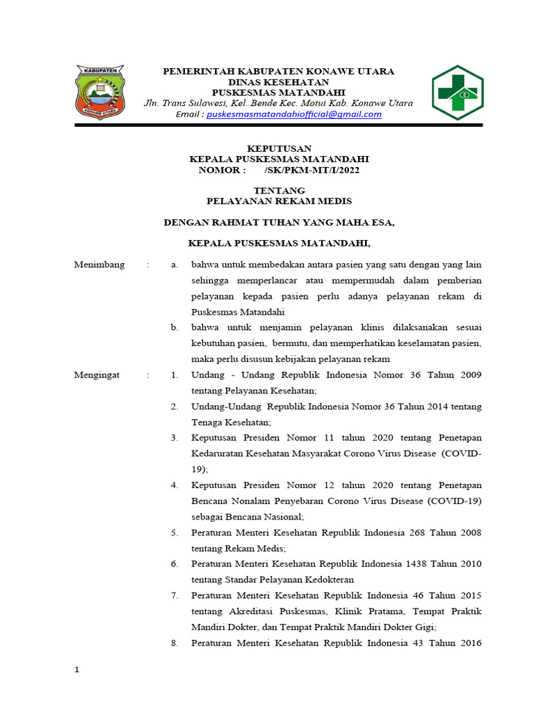 3.8 Ep.1. 1 SK PELAYANAN REKAM MEDIS DAN METODE IDENTIFIKASI PUSKESMAS MATANDAHI | PDF