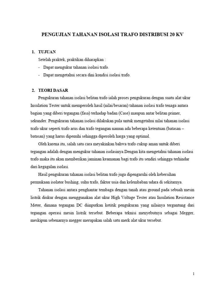 Pengujian Tahanan Isolasi Trafo Distribusi 20 KV | PDF