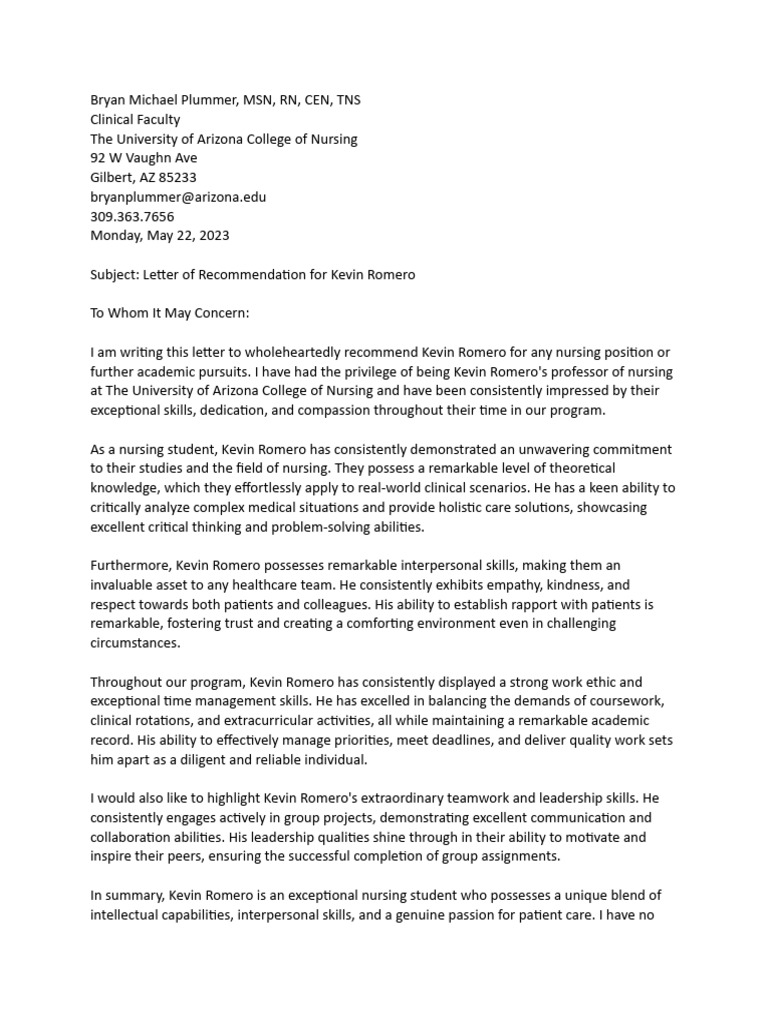 Kevin Romero Letter of Recommendation | PDF | Nursing | Cognitive Science