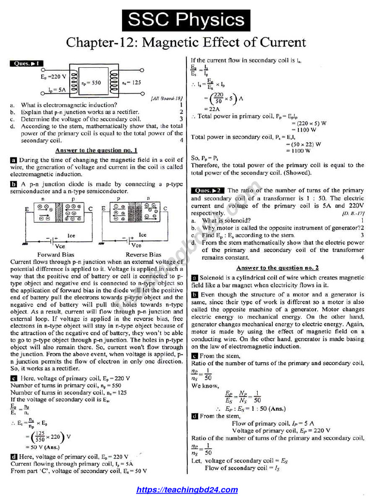 SSC English Version Physics Note Chapter 12 Magnetic Effect of Current | PDF