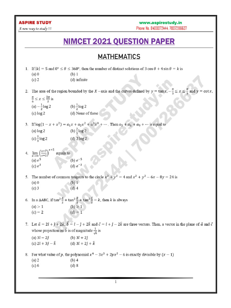 NIMCET 2021 Question Paper With Answer Key | PDF