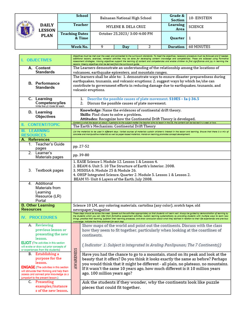 LESSon PLan For COT | PDF | Plate Tectonics | Learning