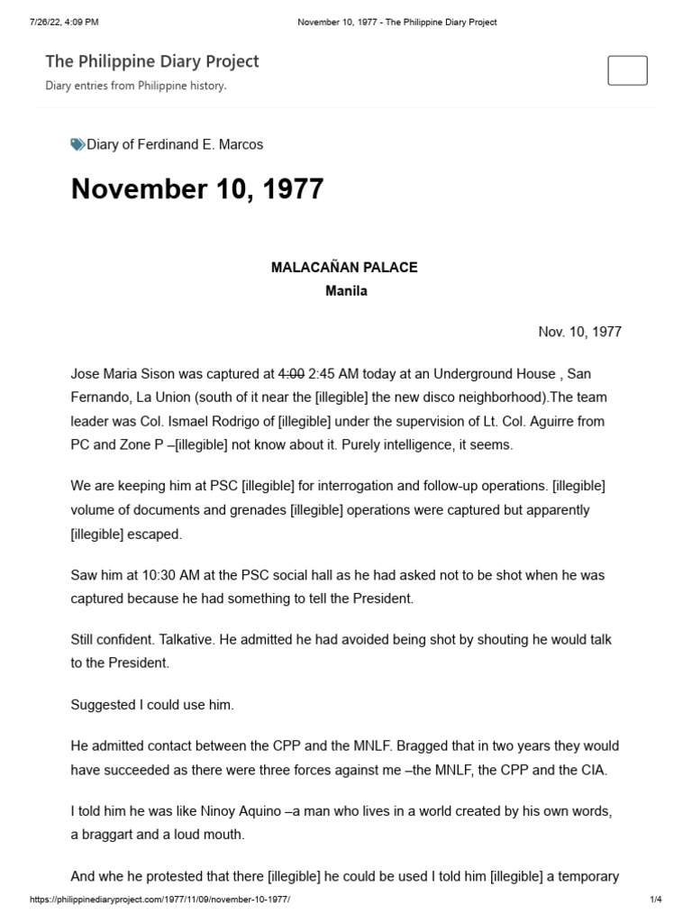 November 10, 1977 - The Philippine Diary Project - Joma Captured | PDF ...