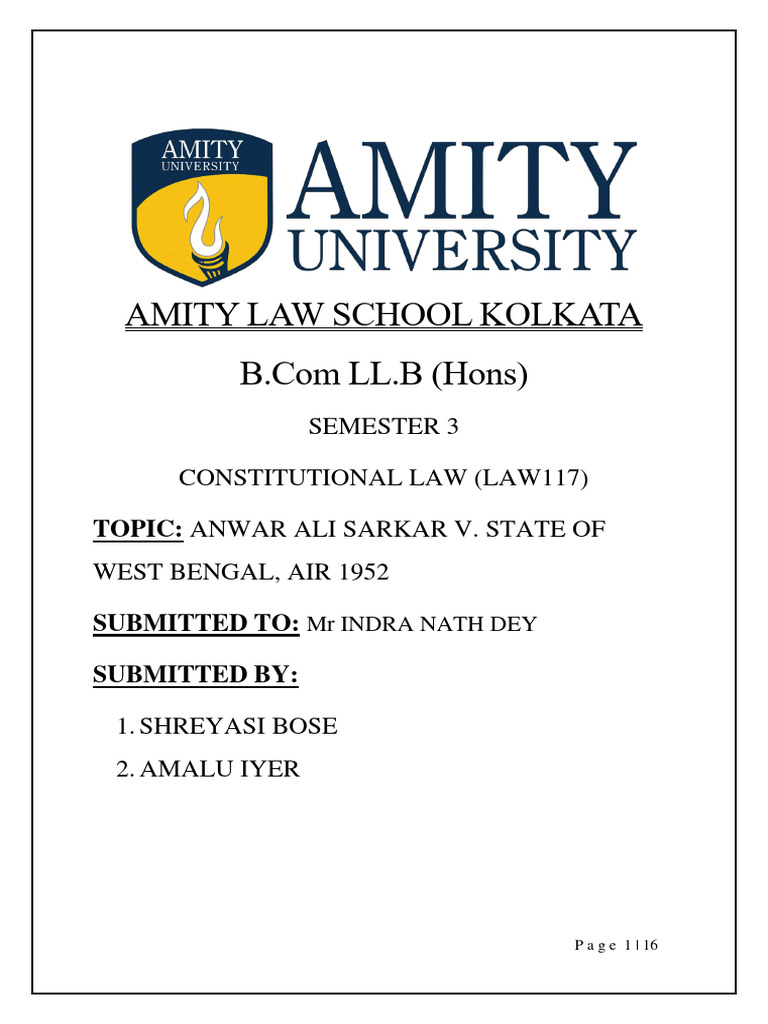 Anwar Ali Sarkar v. State of West Bengal | PDF | Separation Of Powers ...