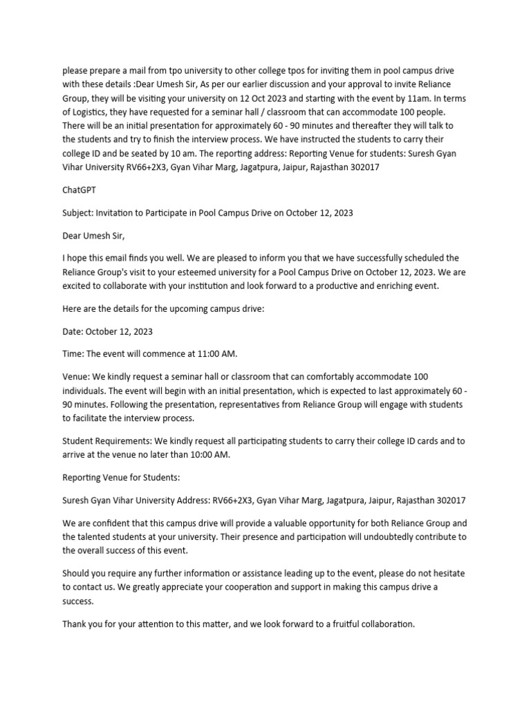 Please Prepare A Mail From Tpo University To Other College Tpos For ...