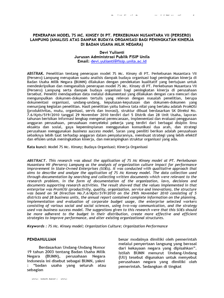 Abstrak Penelitian Tentang Penerapan Model 7s Mc Kinsey Di Pt