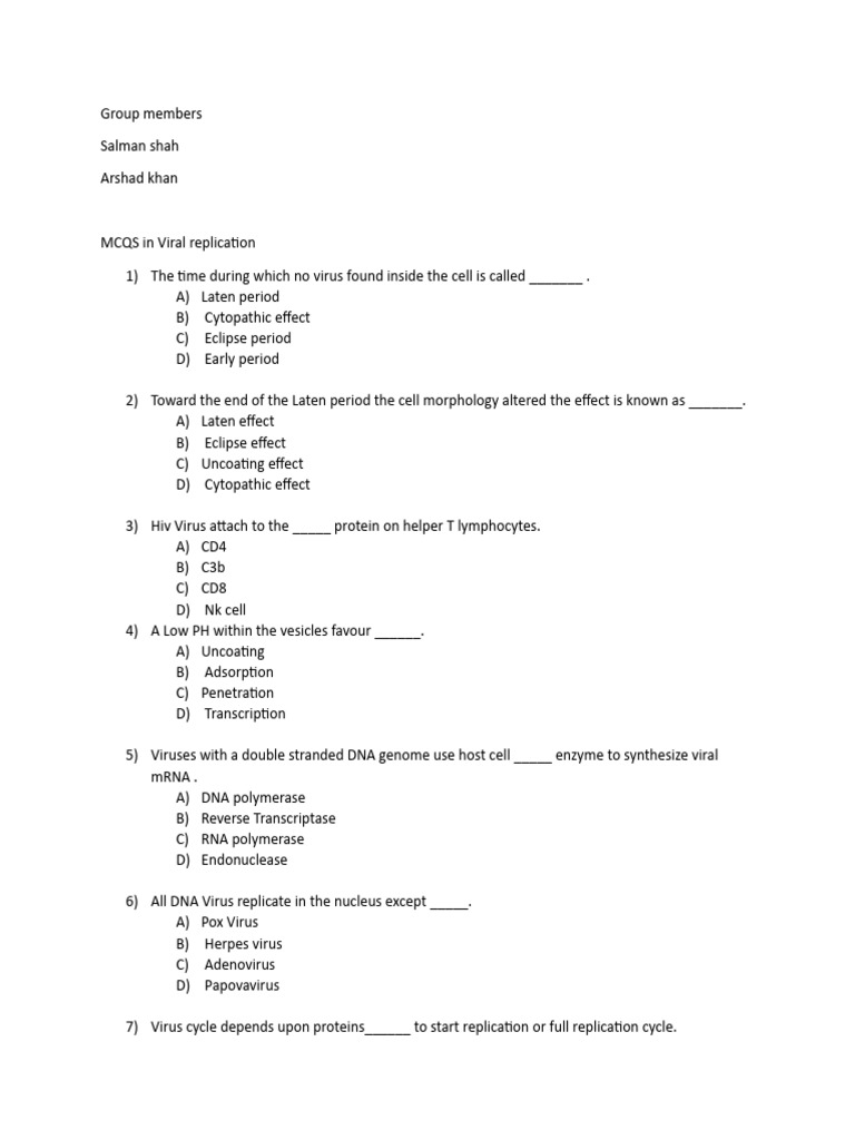 Viral Replication MCQs | PDF | Virus | Dna