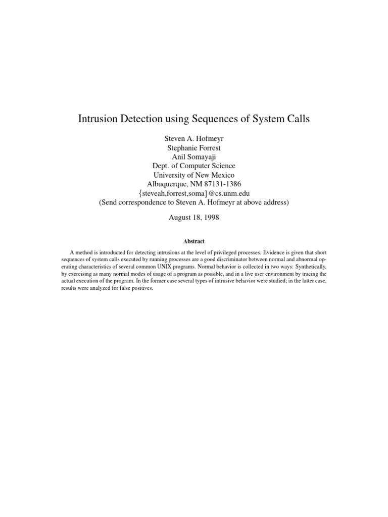 Intrusion Detection Using Sequences of System Calls | PDF