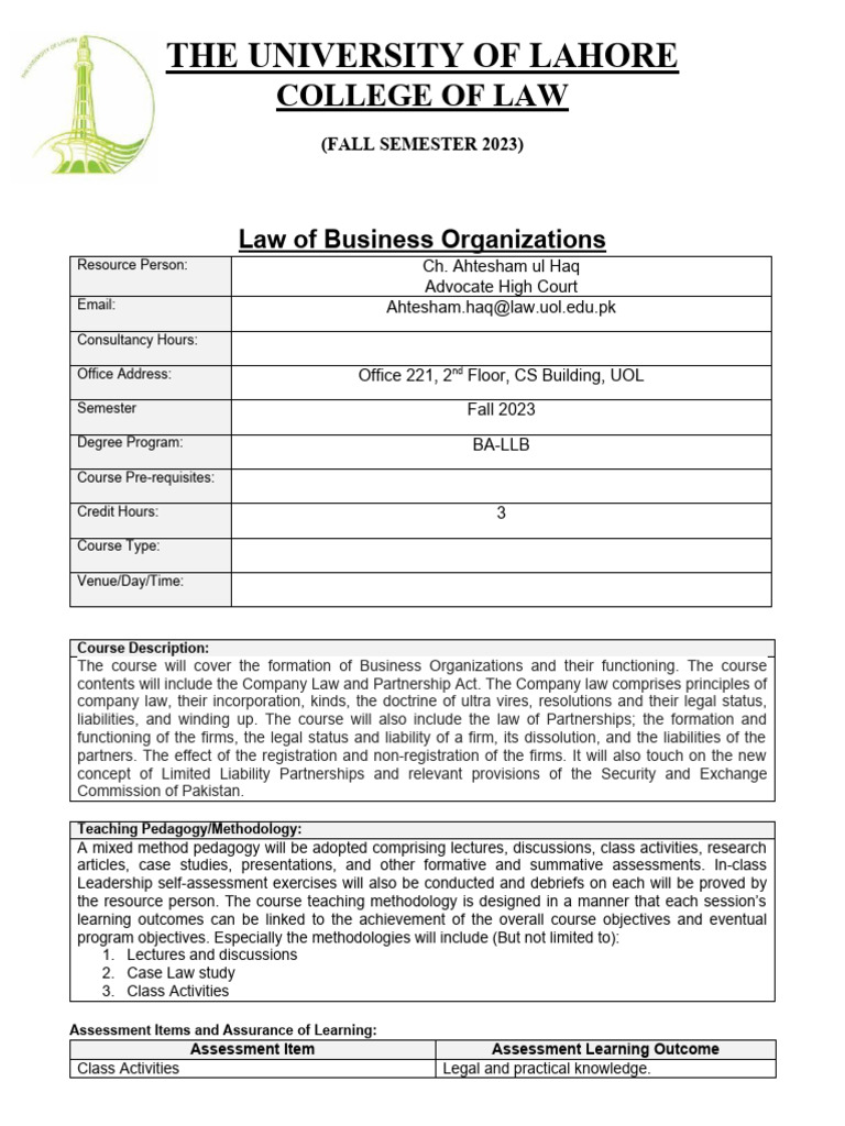 Course Outline - Law of Business Organizations | PDF