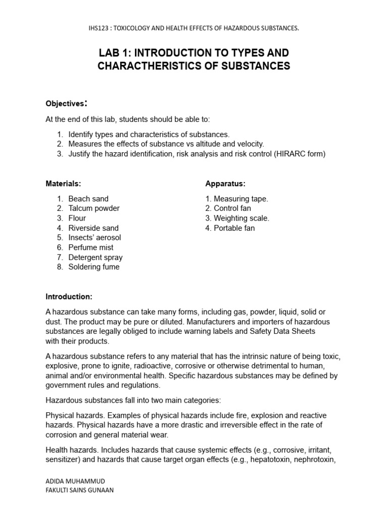 Toxicology of Hazardous Substances Lab | PDF | Hazards | Dangerous Goods
