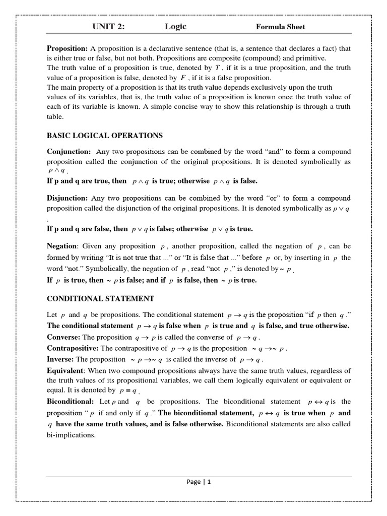 Unit 2 - Logic - MI - Formula Sheet | PDF