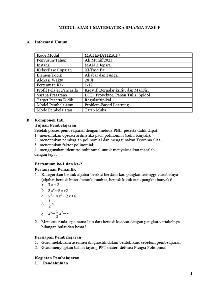 Modul Ajar 1 Matematika Sma Fase F+ | PDF
