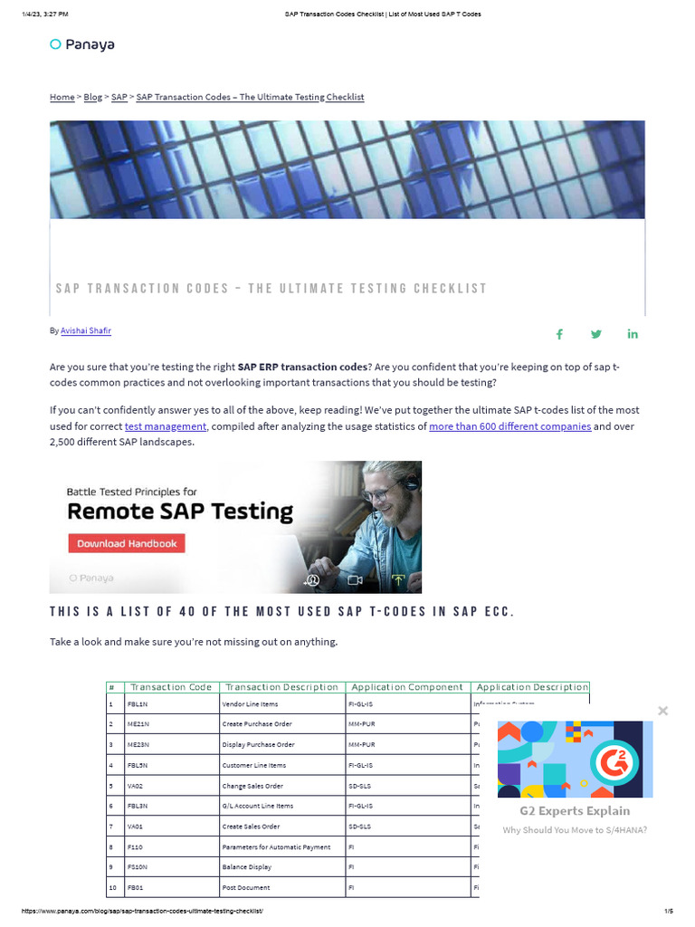SAP Transaction Codes Checklist - List of Most Used SAP T Codes | PDF
