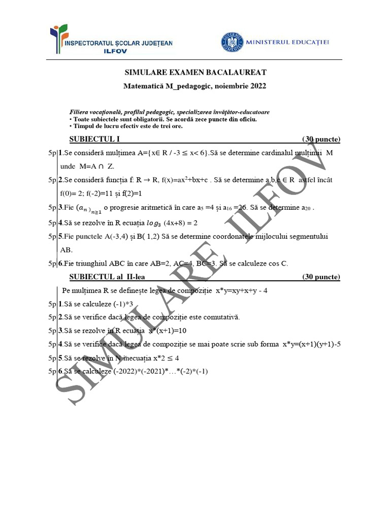 Simulare Bac Nov PED Subiect | PDF