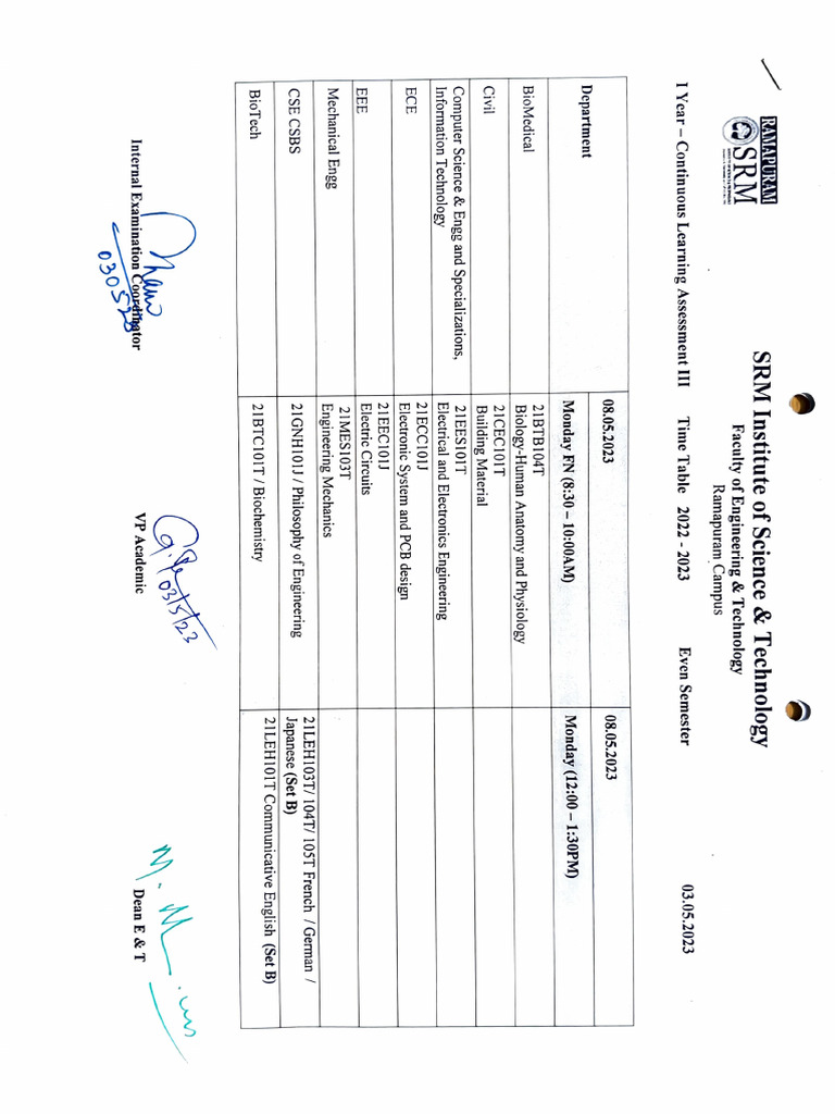 SRM Ramapuram Exam Timetable 2023 | PDF | Engineering | Electrical Engineering
