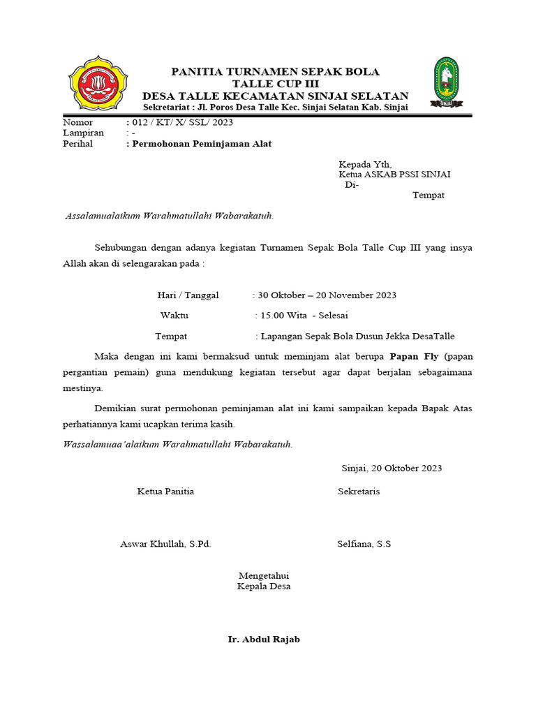 Surat Peminjaman Alat Pssi | PDF
