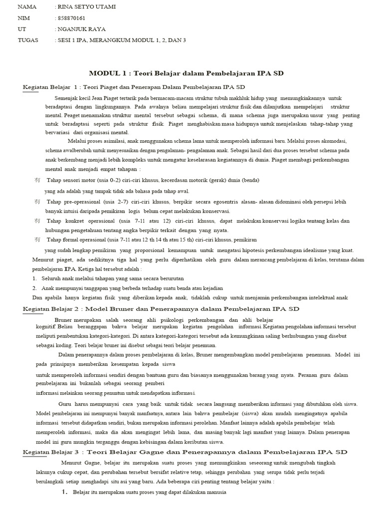 Rangkuman Ipa Modul 1,2,3 - Rina Setyo Utami - Nganjukraya | PDF ...