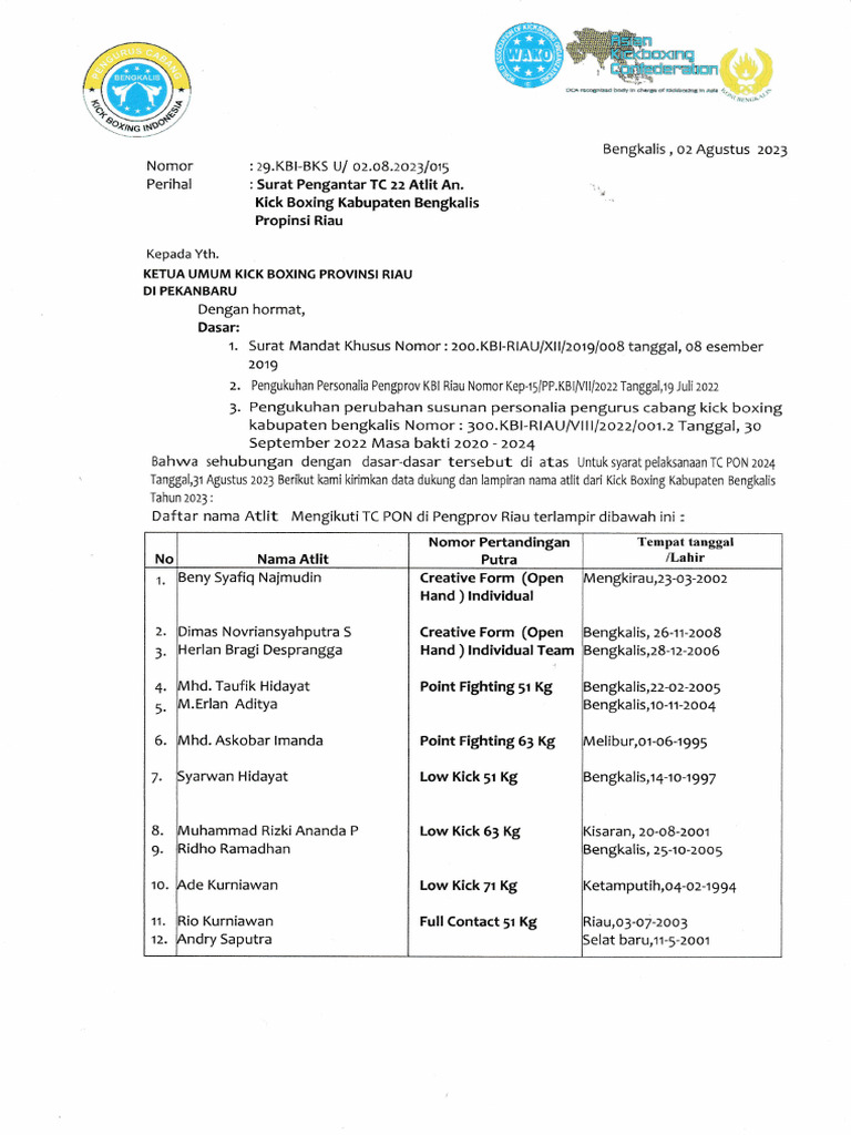 Surat Pengantar TC PON Atlit Kick Boxing Bengkalis 22 Atlit | PDF