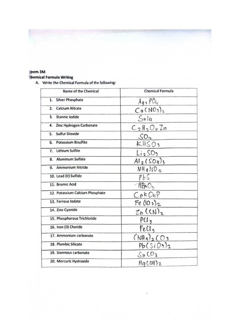 Chemical Formula Writing Exercise | PDF