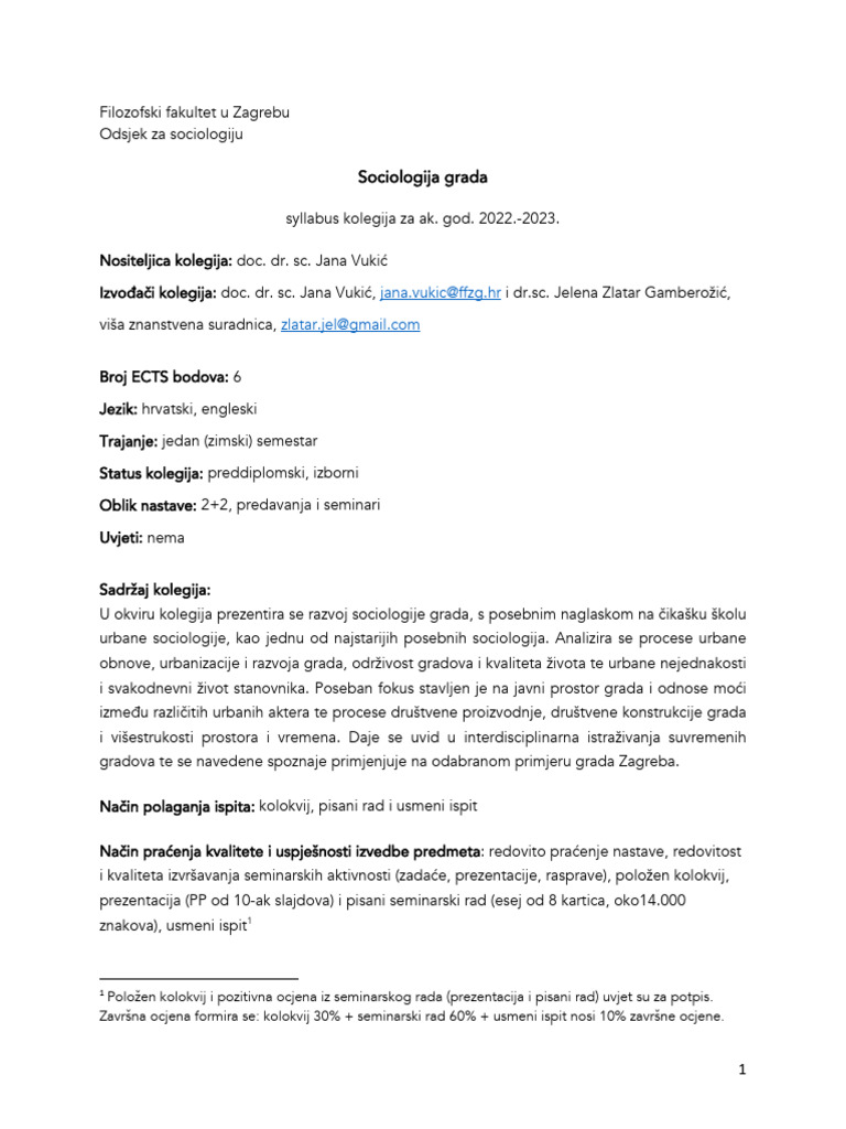 SOCIOLOGIJA GRADA Syllabus 2022-2023 | PDF