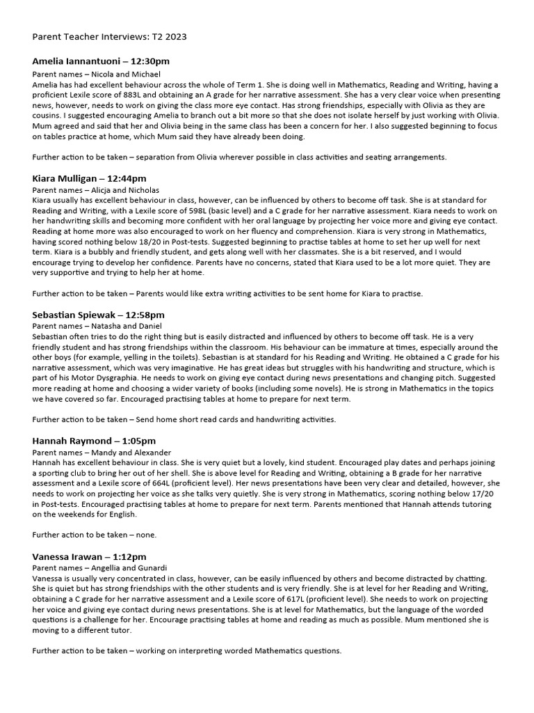 Parent Teacher Interviews t2 2023 | PDF