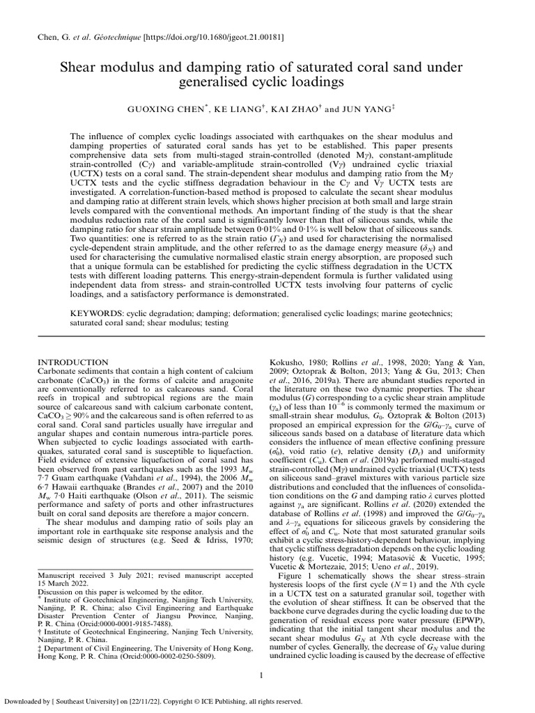 Chen 2022 Shear Modulus And Damping Ratio Of Saturated Coral Sand Under