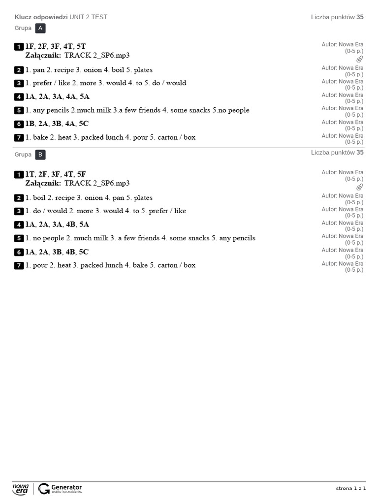 UNIT 2 TEST Klucz Odpowiedzi | PDF | Food And Drink | Cuisine