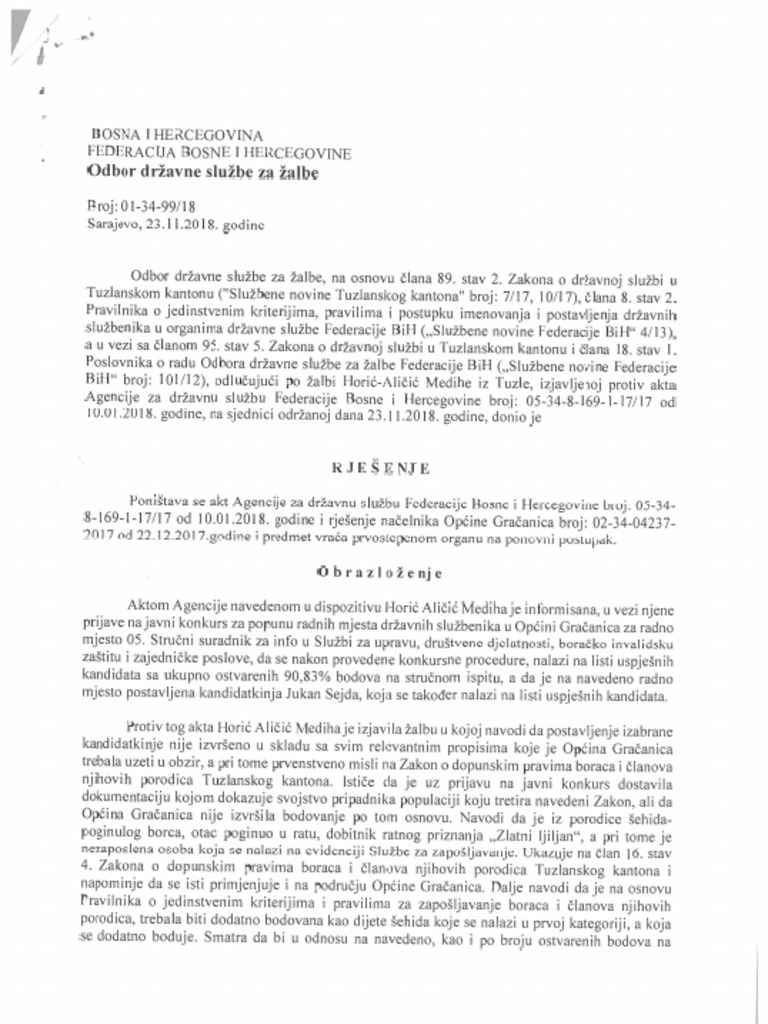 Rjesenje Odbor Za Zalbe FBIH GRACANICA | PDF