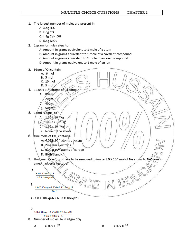 Chem Test 01 | PDF | Mole (Unit) | Atoms