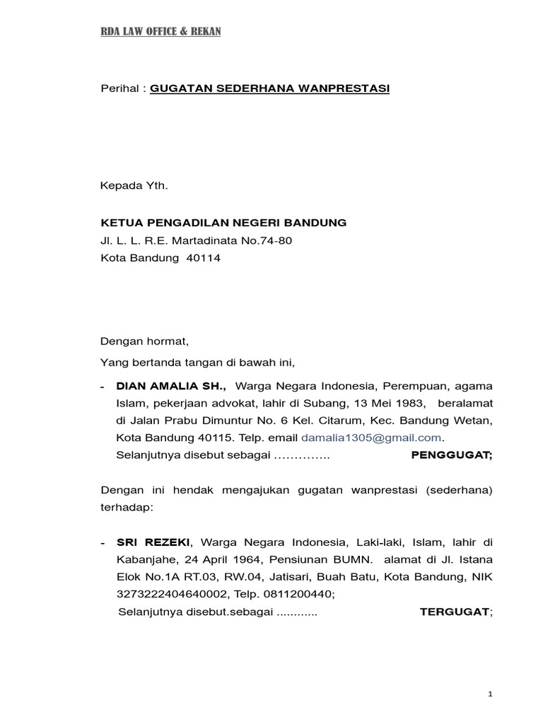Contoh Surat Gugatan Sederhana Di PN Bandung | PDF