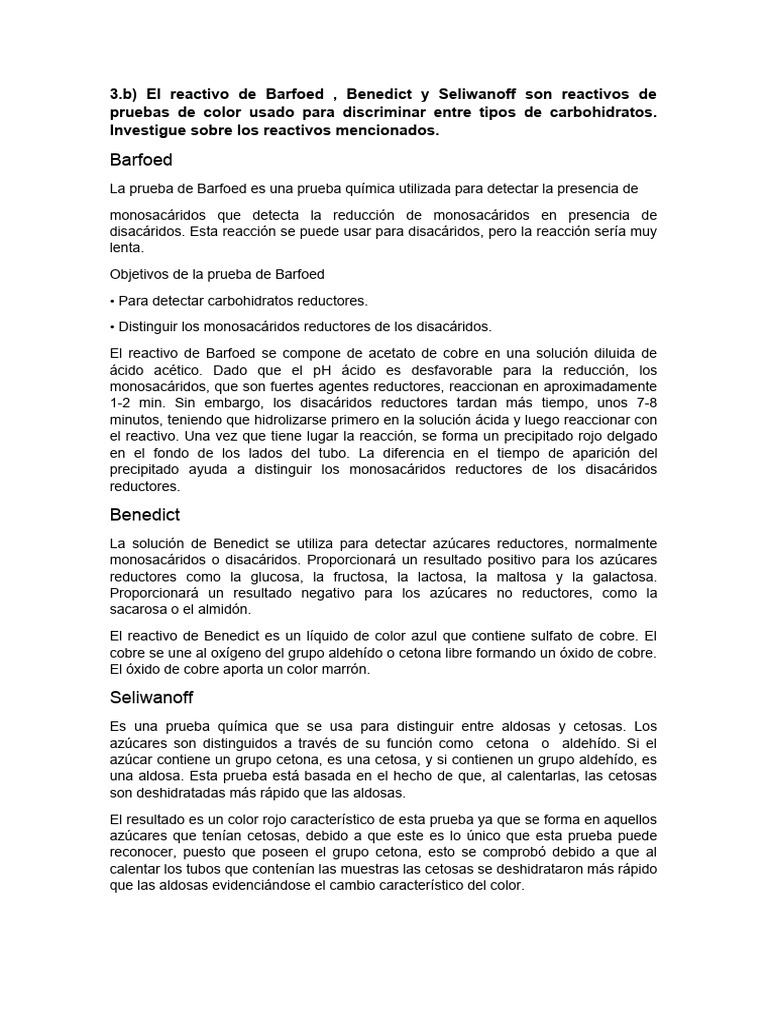 Pruebas de Barfoed, Benedict y Seliwanoff | PDF