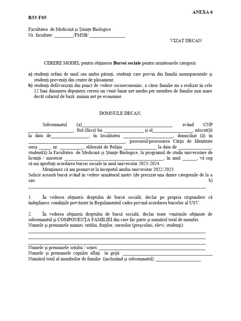 Cerere Bursa Sociala VENITURI MICI Si ORFAN | PDF