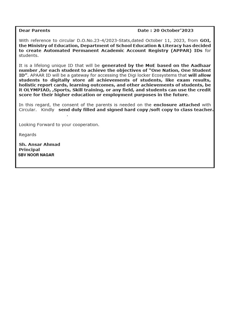 Apaar Id Circular With Consent (SBV Noor Nagar) | PDF | Career & Growth ...