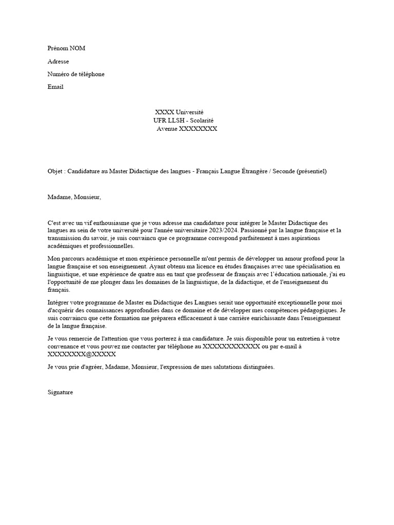 Lettre de Motivation Pour Un Master Didactique FLE | PDF