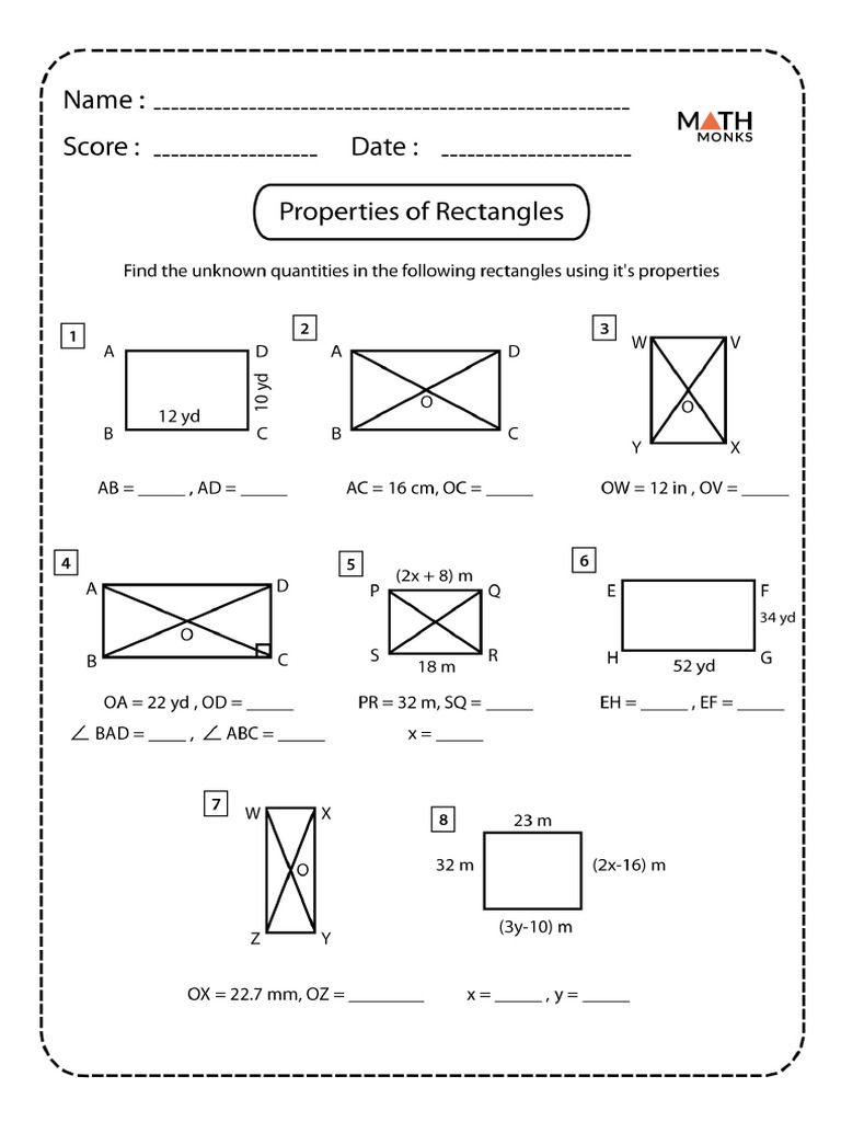 Properties of Rectangles Worksheet | PDF