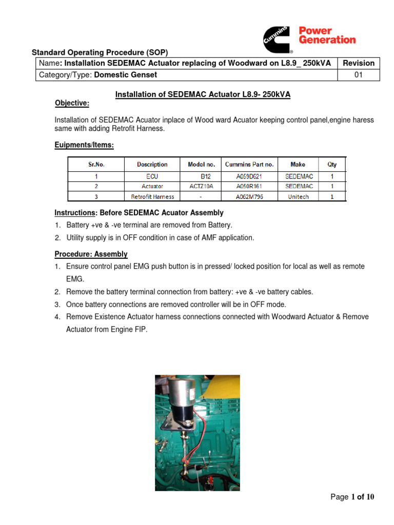 SOP Installation of L 9 250KVA SEDEMAC Acuator | PDF | Screw | Actuator
