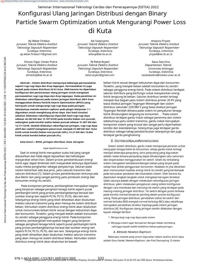 Distribution Network Reconfiguration With Binary Particle Swarm Optimization To En Id Pdf