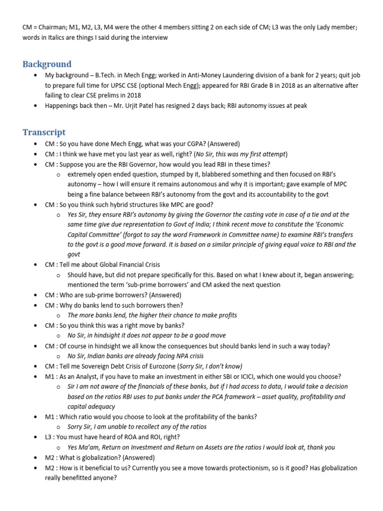 Interview Transcript | PDF | Reserve Bank Of India | Interest