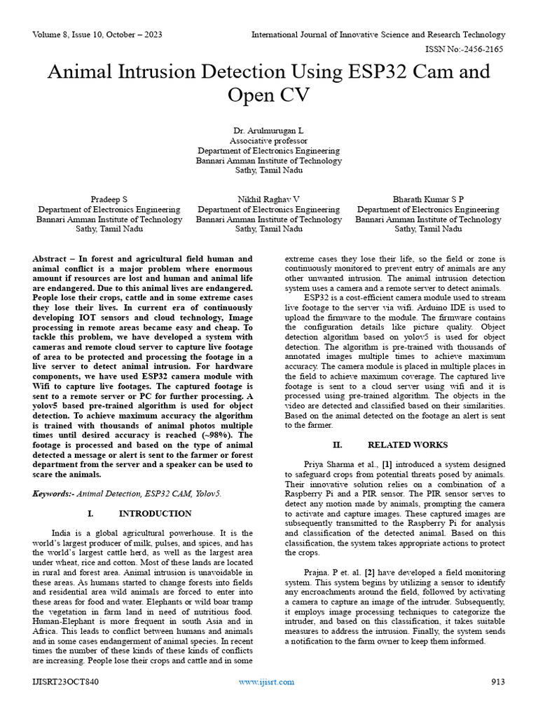 Animal Intrusion Detection Using ESP32 Cam and Open CV | PDF | Deep ...