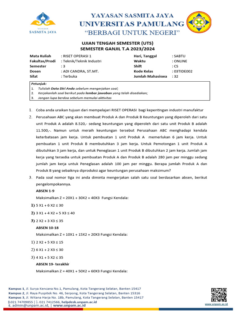 Soal Uts Riset Operasi 1 03tide002 | PDF