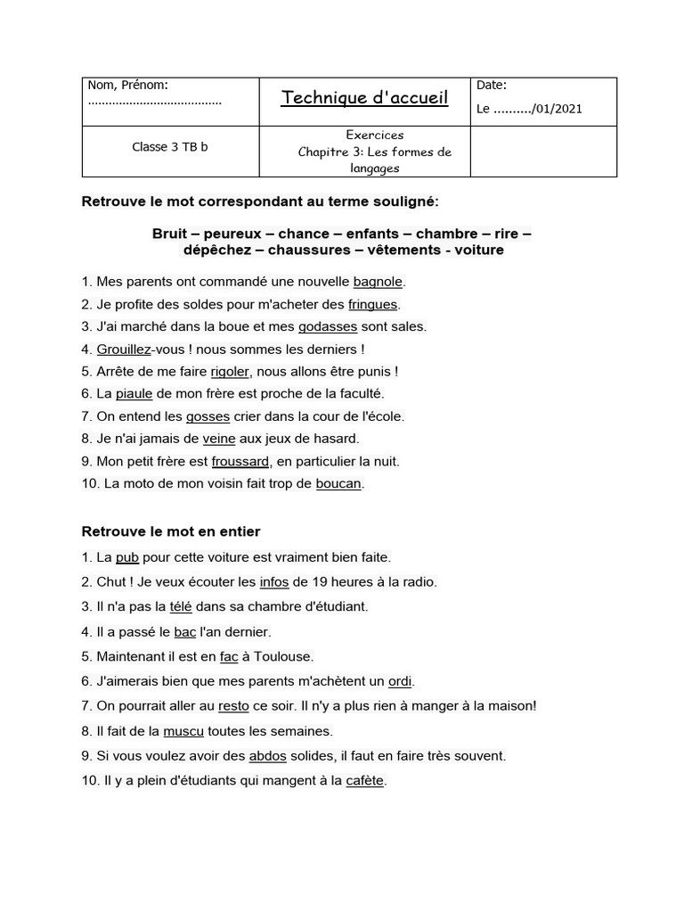 Exercices Language Familier, Courant, Soutenu | PDF | Échecs