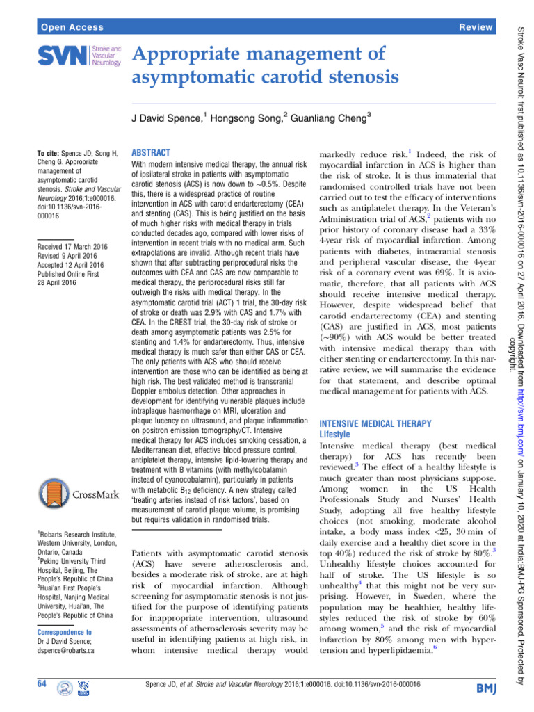 Asymptomatic Carotid Stenosis | PDF | Stroke | Atheroma