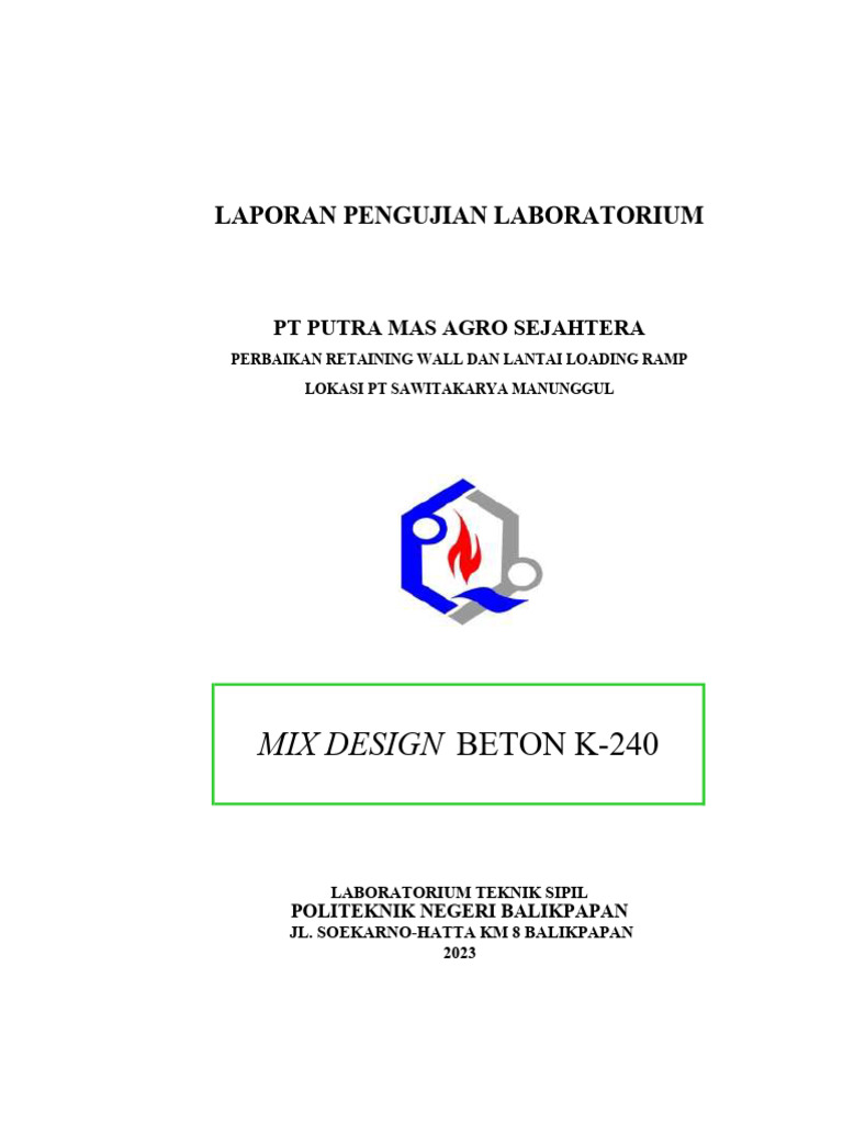 Job Mix Design Beton K-240 PT Putra Mas Agro Sejahtera | PDF