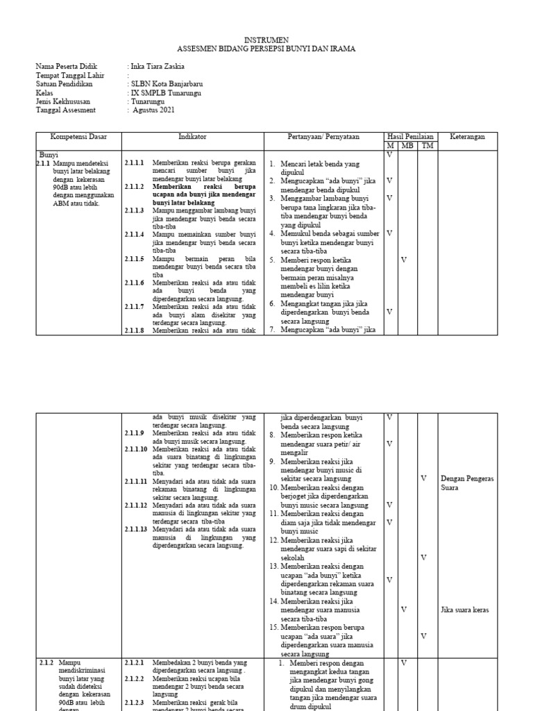 Instrumen Assesment Persepsi Bunyi | PDF