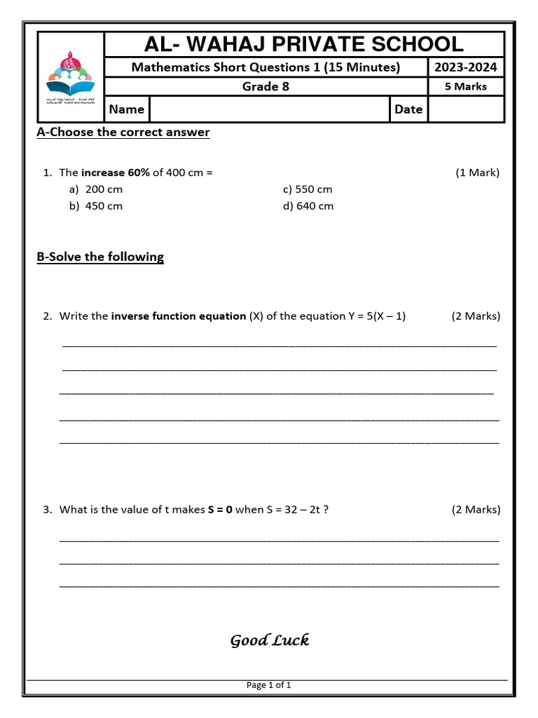 Math Short Questions-1 - Grade-8 | PDF