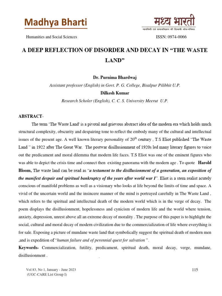 A Deep Reflection of Disorder and Decay in The Waste Land' | PDF | T. S ...