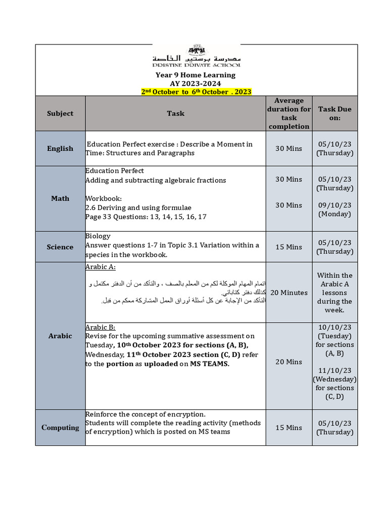 Year 9 Home Learning 2-6th Oct 2023 | PDF